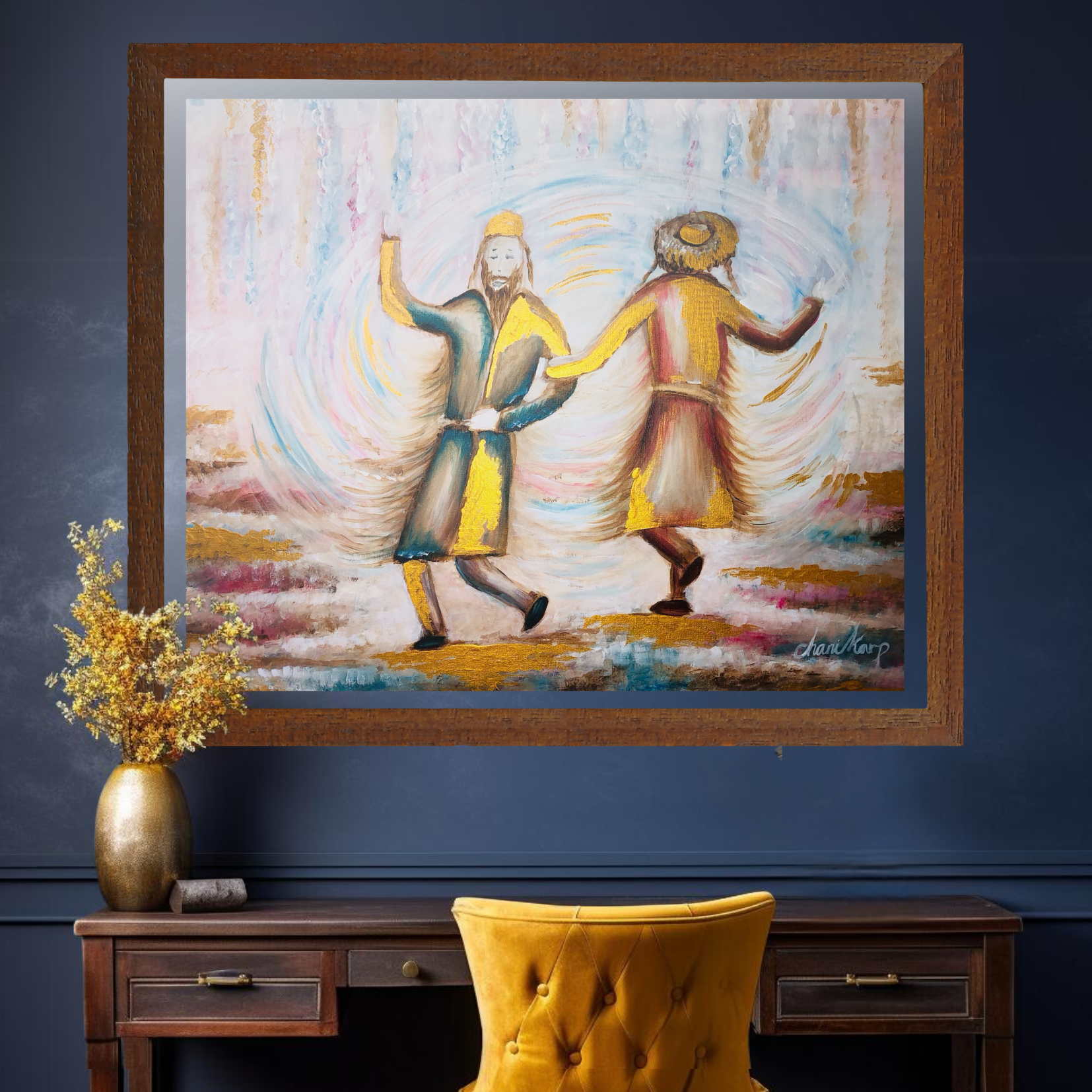 Dancing Chassidim in Vintage Golds - Chani Karp Art