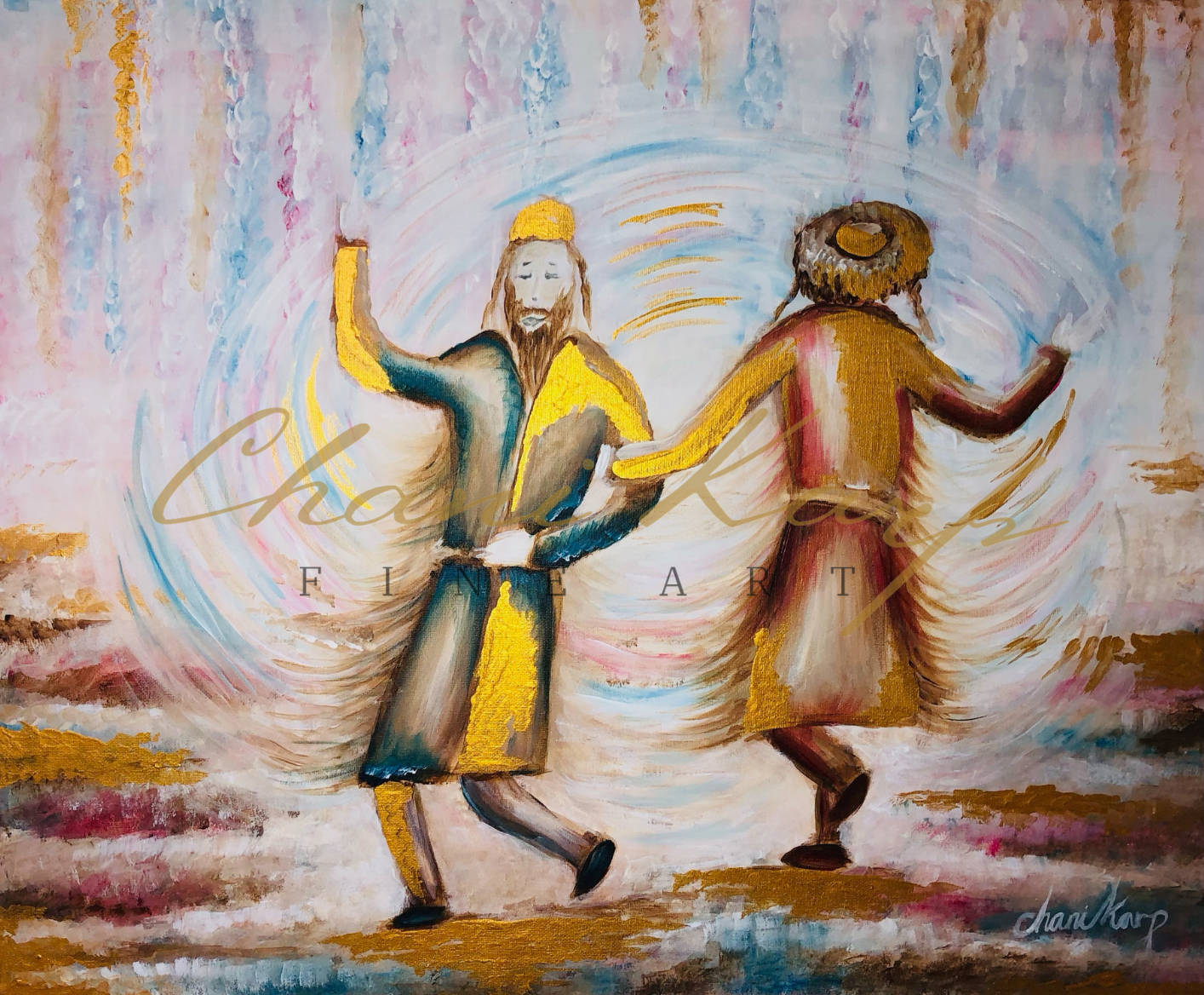 Dancing Chassidim in Vintage Golds - Chani Karp Art